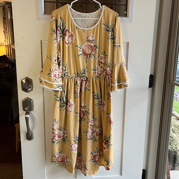 Dresses | Boutique Soft Yellow Floral Midi Dress With Ruffle Sleeves ...